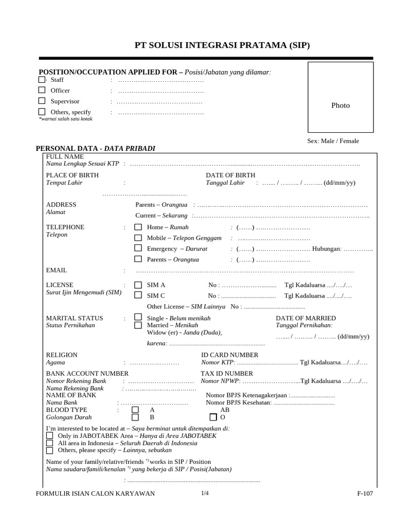 Formulir Lamaran Kerja SIP | PDF