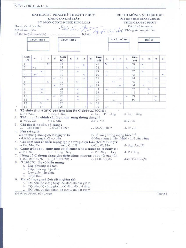 De Thi Cuoi Ky Mon Vat Lieu Hoc SPKT 6 | PDF