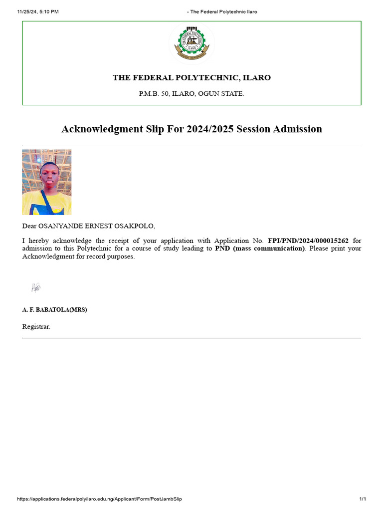 OSANYANDE ERNEST OSAKPOLO Ack slip | PDF