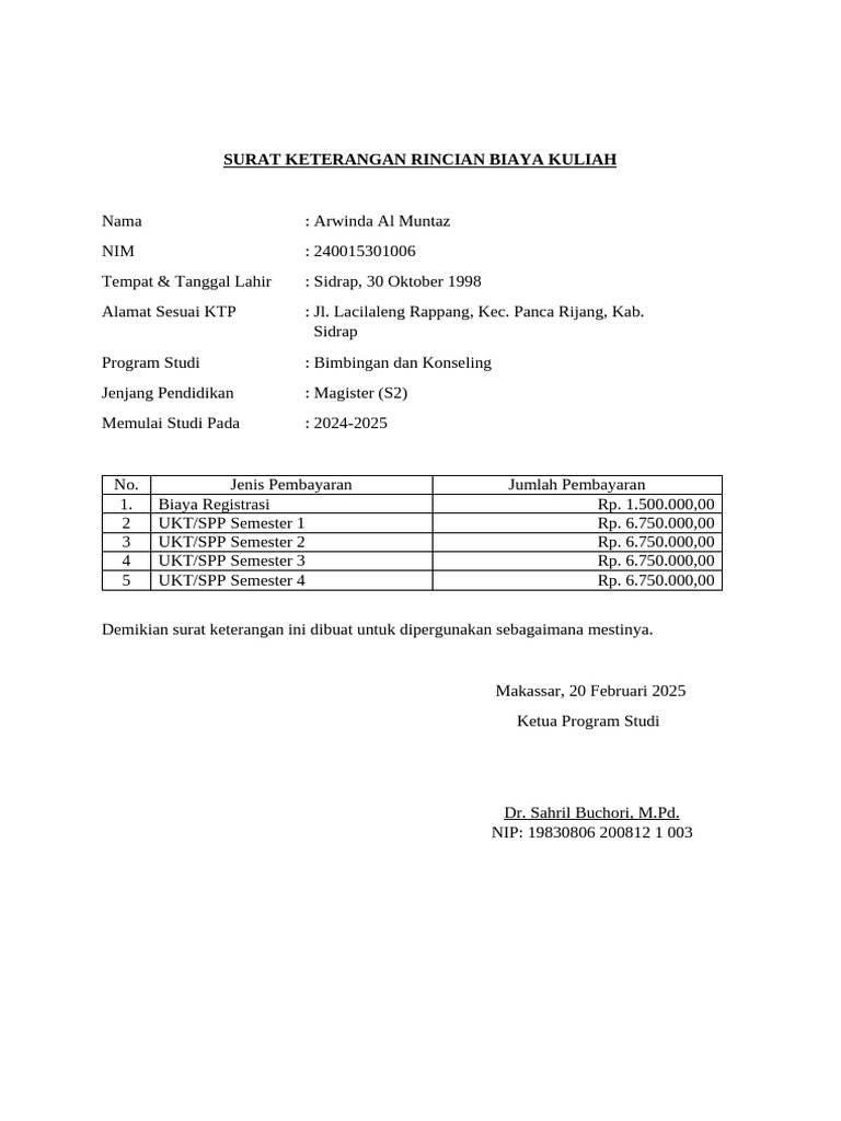 Surat Keterangan Rincian Biaya Kuliah | PDF