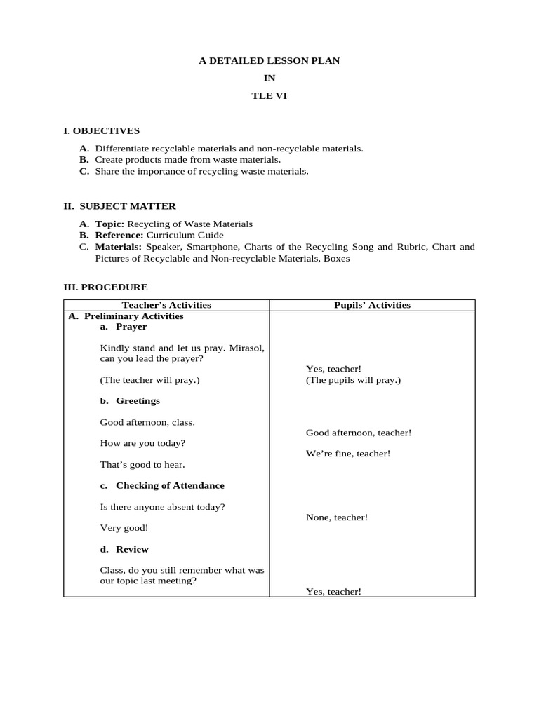 Recycling Lesson Plan for TLE VI | PDF | Recycling | Waste