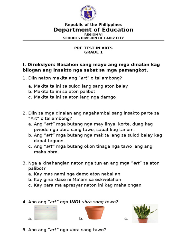 Pre Test Arts - Grade 1 | PDF
