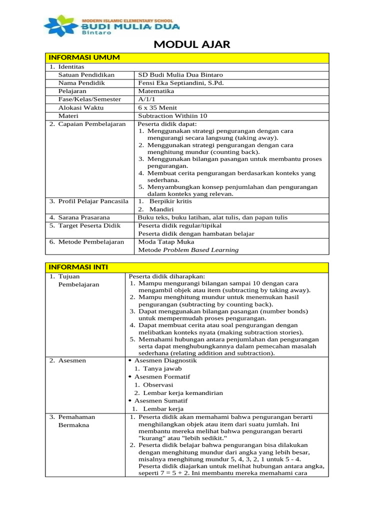 Modul Ajar Math Grade 1 - 4 | PDF