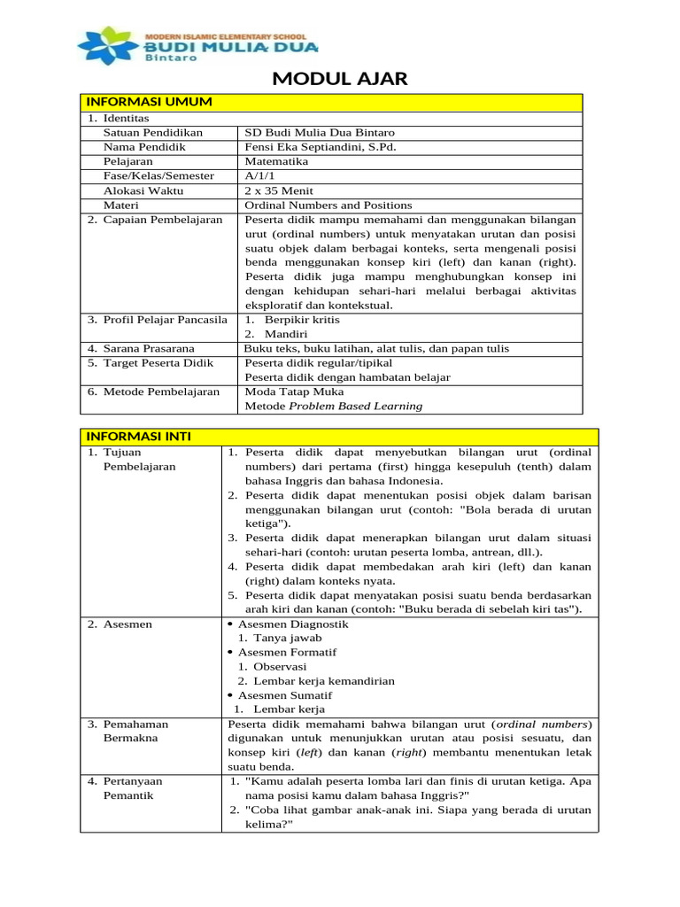 Modul Ajar math Grade 1 - 5 | PDF