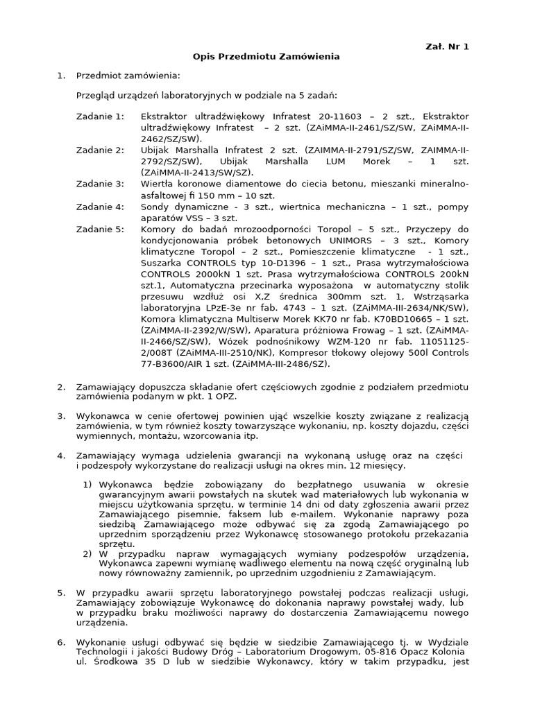 Zał. NR 1 Opis Przedmiotu Zamówienia | PDF