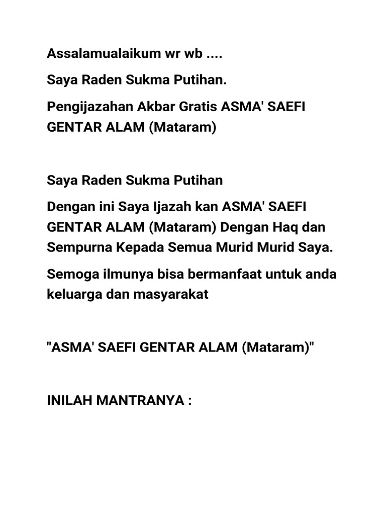 Asma' Saefi Gentar Alam (Mataram) | PDF