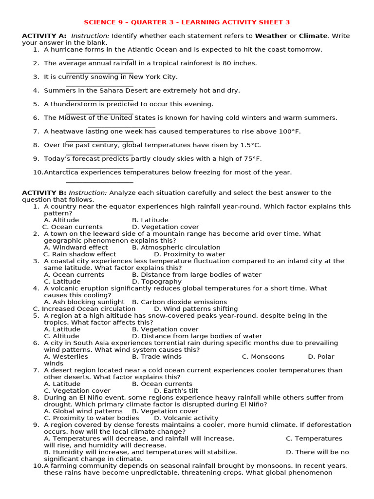 Science 9 Quarter 3 Activity 3 | PDF | Climate | Rain