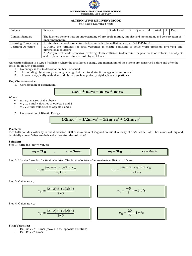 Learning Activity Sheet 16 | PDF | Collision | Momentum