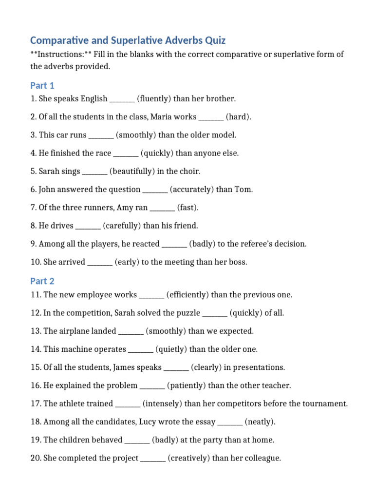 Comparative & Superlative Adverbs Quiz | PDF