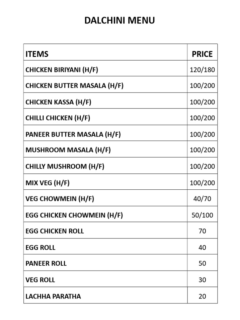 Dalchini Menu 1 | PDF