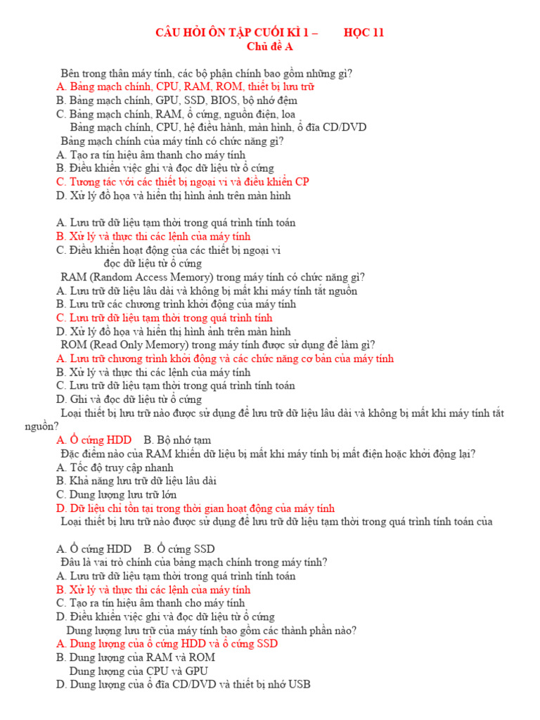 Câu Hỏi Ôn Tập - Kiểm Tra - CK1 - KHOI 11 | PDF