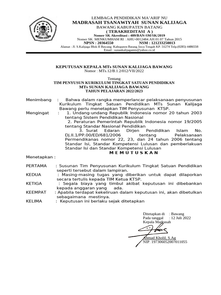 SK TIM PENYUSUN Pengembang KTSP | PDF