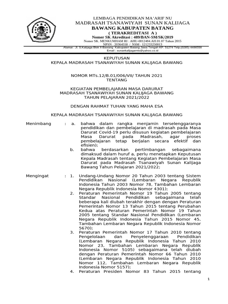 Kegiatan Pembelajaran Masa Darurat MTs Sunan Kalijaga | PDF