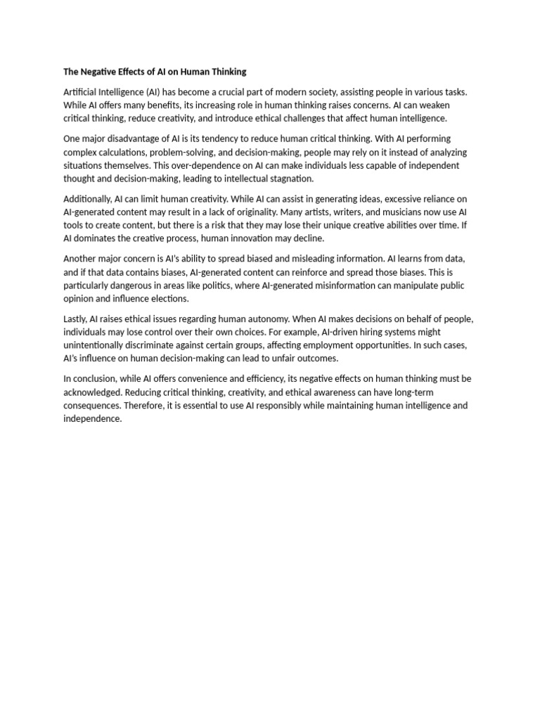 The Negative Effects of AI On Human Thinking | PDF