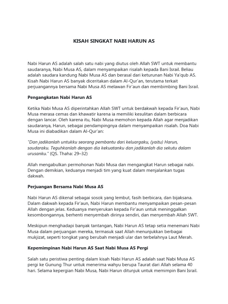 KISAH SINGKAT NABI HARUN AS | PDF