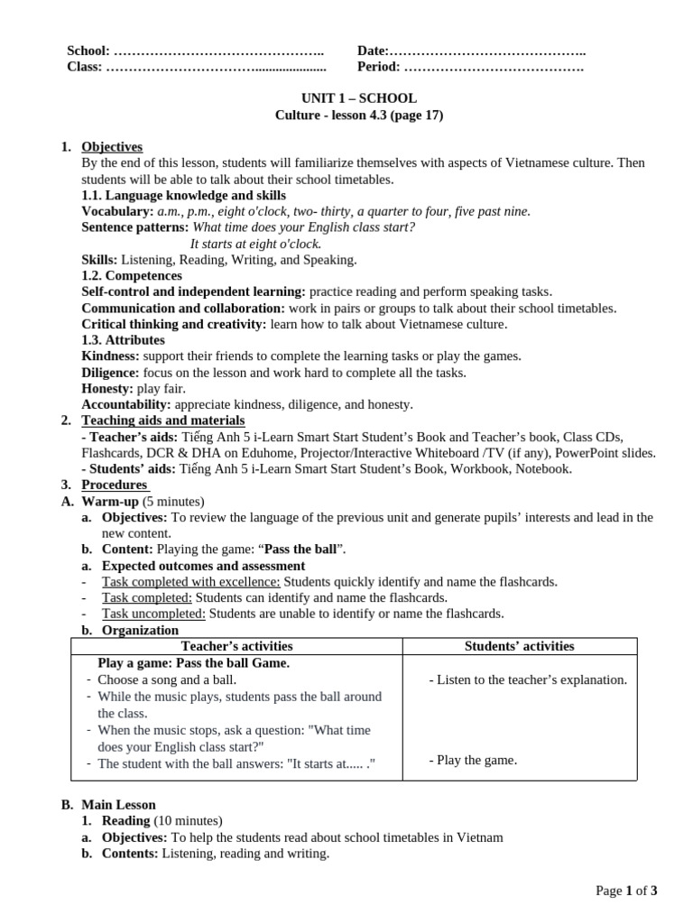 Vietnamese School Timetable Lesson Plan | PDF | Learning | Linguistics