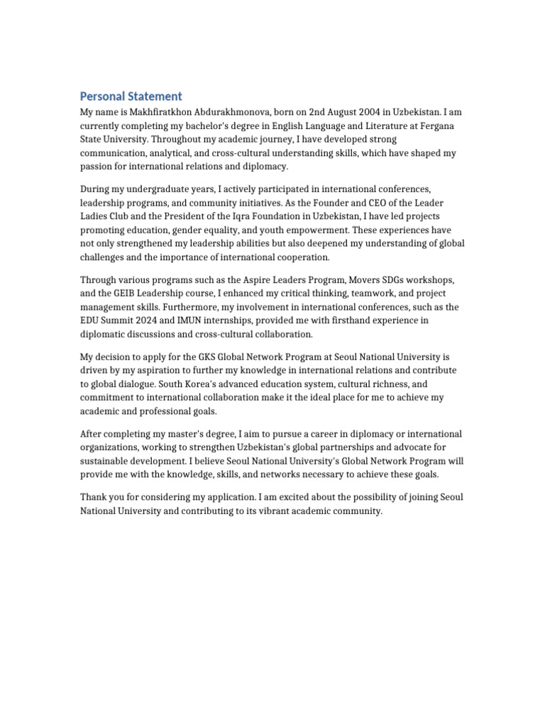 Personal Statement GKS 2025 | PDF