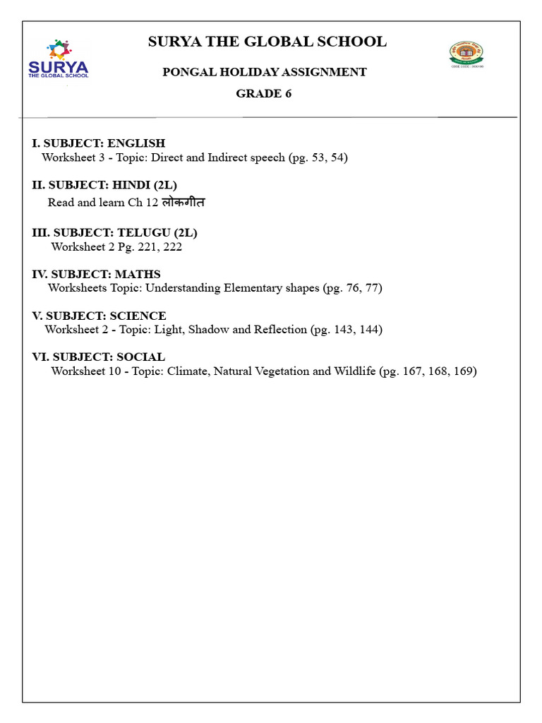 Grade 6 Pongal Holiday Homework | PDF