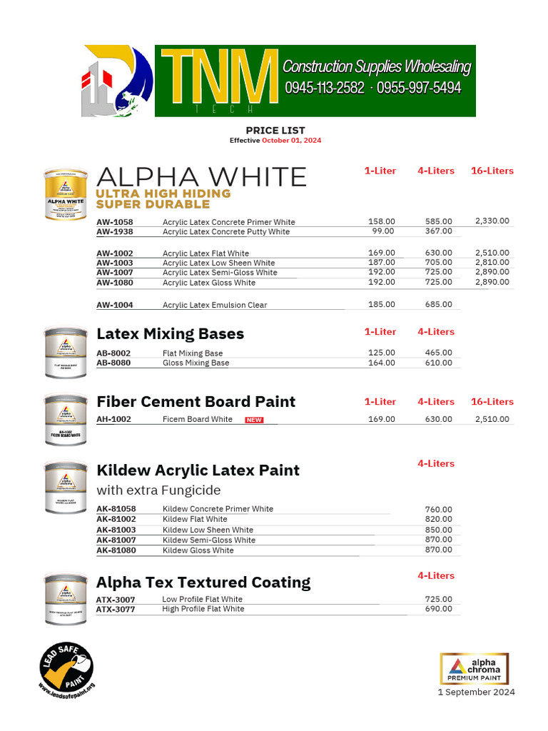 Alpha Chroma Paint Price List 2024 | PDF | Varnish | Acrylic Paint