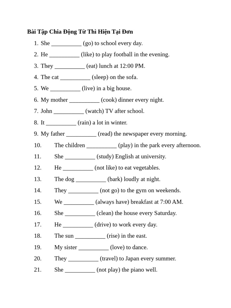 BÀI TẬP CHIA ĐỘNG TỪ HTĐ HTTD QKD TLD TLG( 26 bản ) | PDF