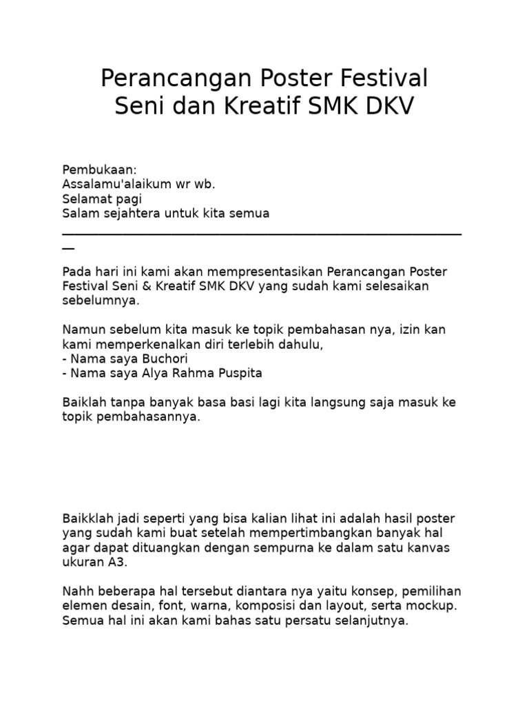 Naskah Perancangan Poster Festival Seni & Kreatif SMK DKV Kelompok 4 | PDF