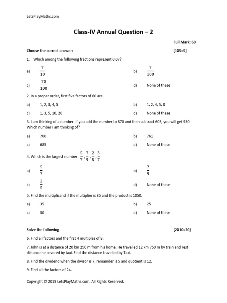 Class 4 Annual Examination Sample Questions Set B | PDF | Division (Mathematics) | Mathematics