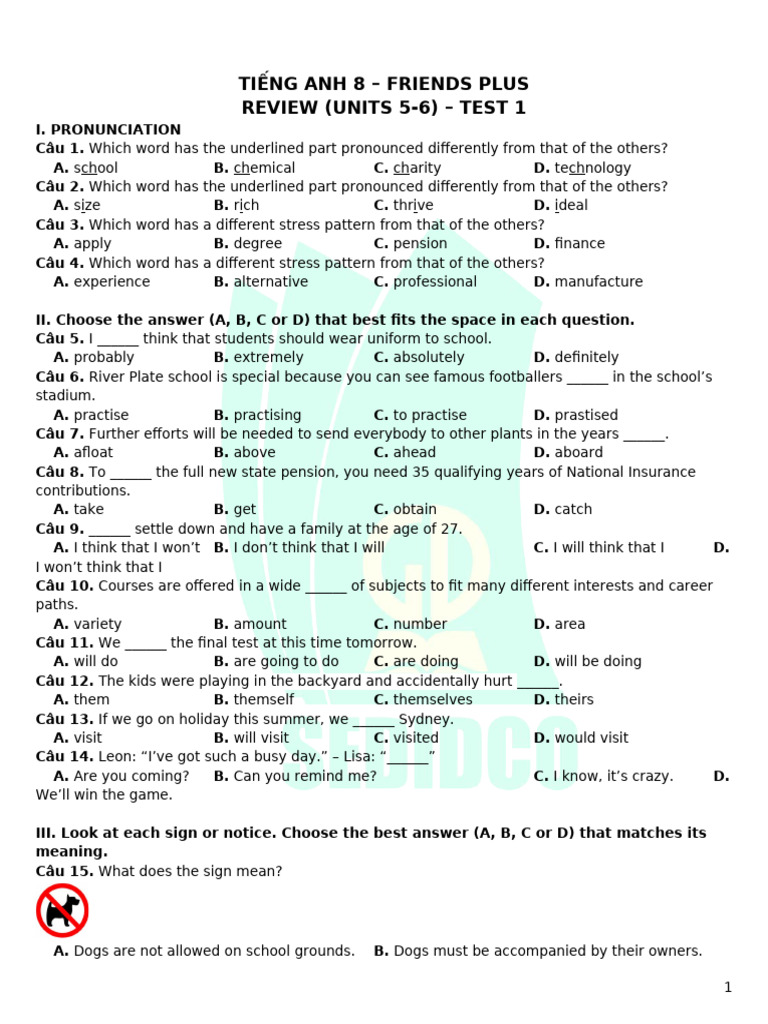 Tieng Anh 8 Friends Plus - Review 5-6 - Test 1 | PDF | Science ...