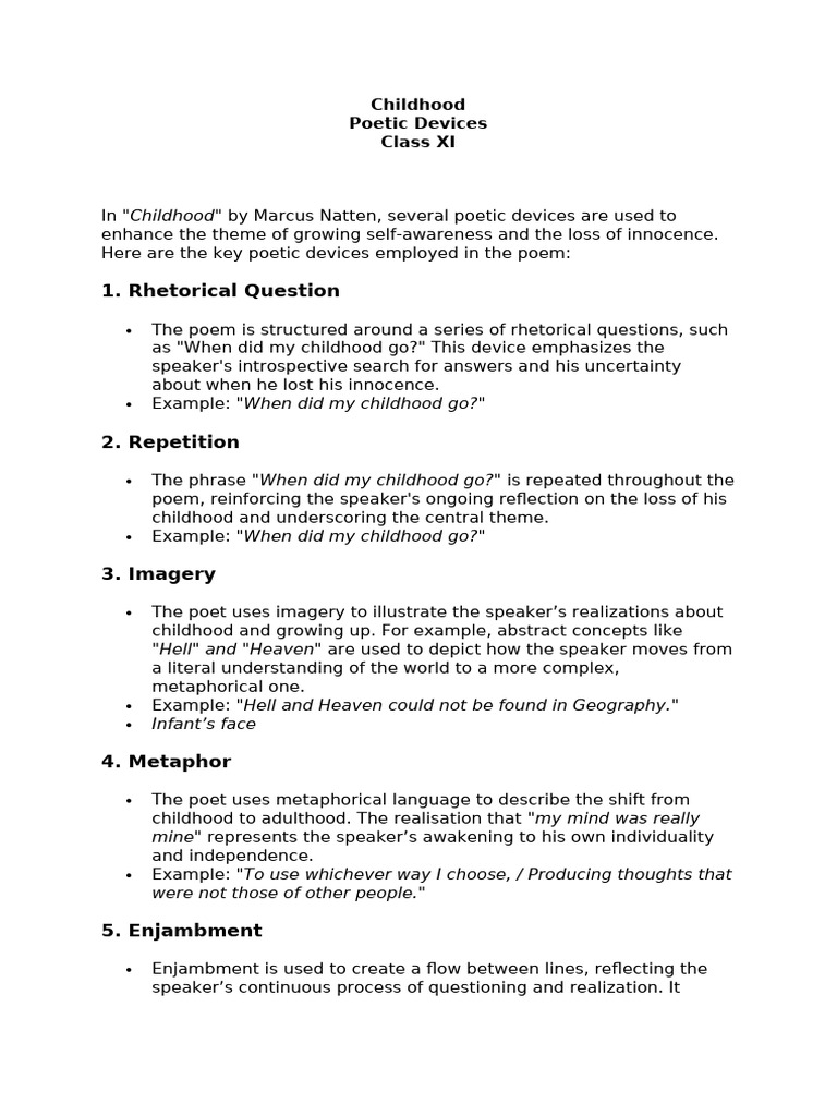 Poetic Devices in "Childhood" Analysis | PDF | Poetry | Poetic Devices
