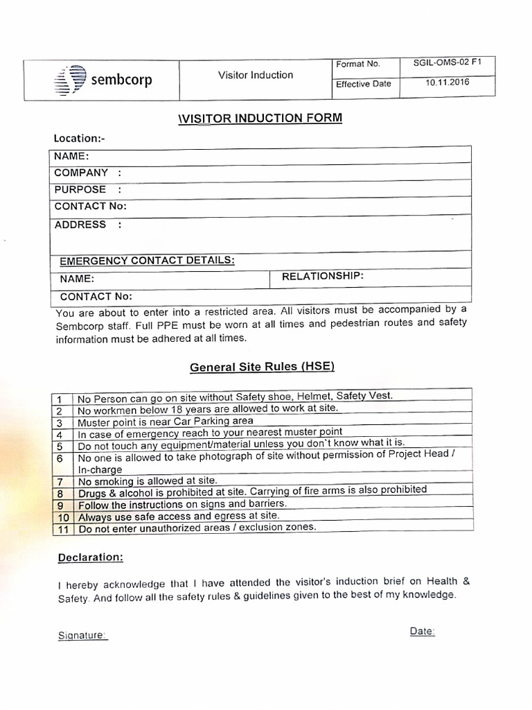 Visitors Induction Attendence Sheet | PDF