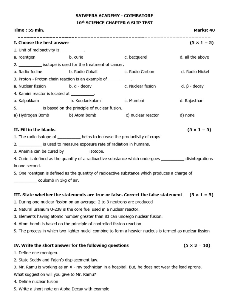 10th Sai Sci 6,10,20 Test | PDF | Nuclear Fission | Nuclear Physics