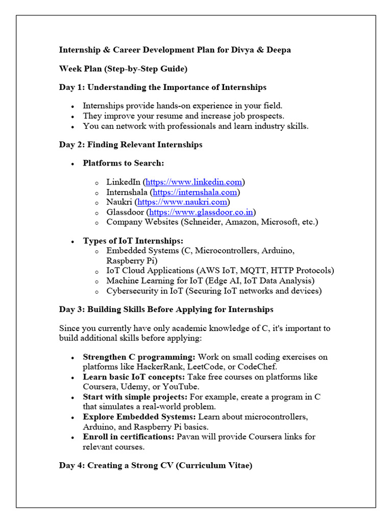 Internship & Career Development Plan For Divya & Deepa | PDF | Internet Of Things | Linked In