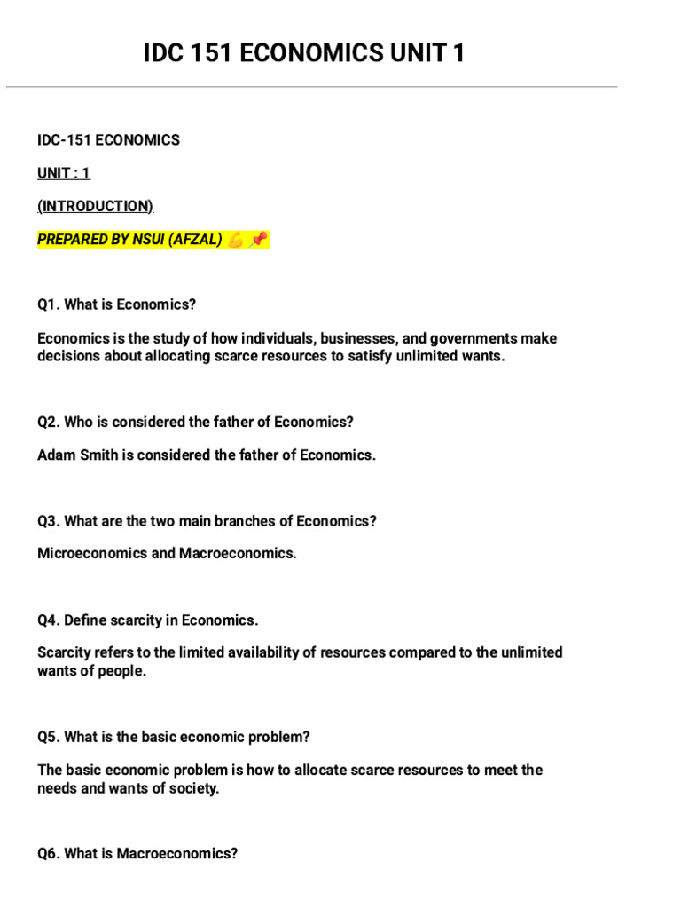 IDC 151 ECO UNIT 1 | PDF | Macroeconomics | Inflation