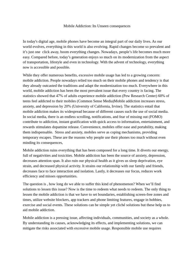 Informative Speech About Mobile Addiction PDF Psychology Social