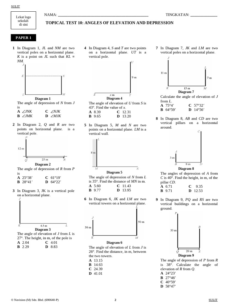Angles of Elevation and Depression Test | PDF | Space | Analytic Geometry