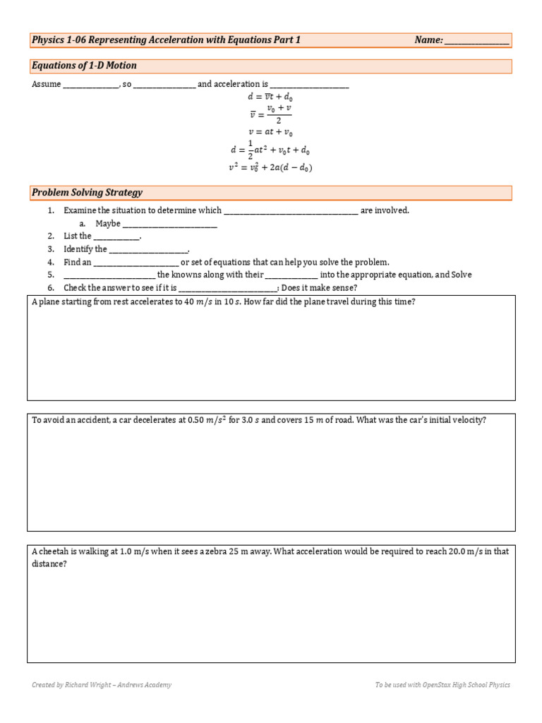 HSPhysics 01-06 Representing Acceleration With Equations Part 1 | PDF | Acceleration | Velocity