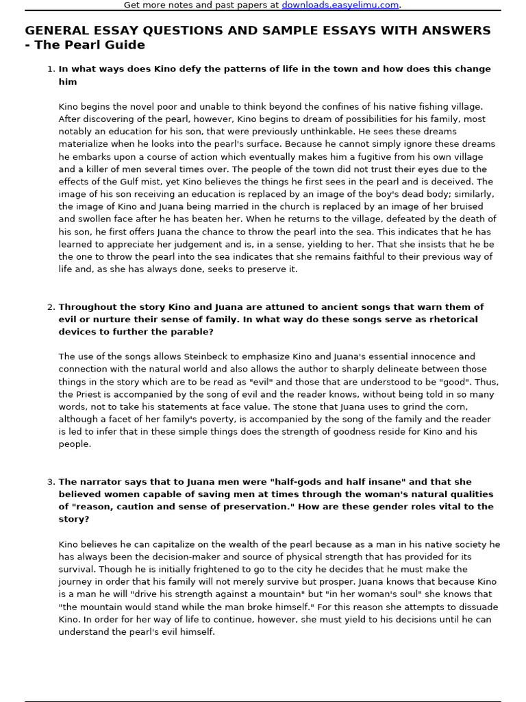 GENERAL ESSAY QUESTIONS AND SAMPLE ESSAYS WITH ANSWERS - The Pearl ...