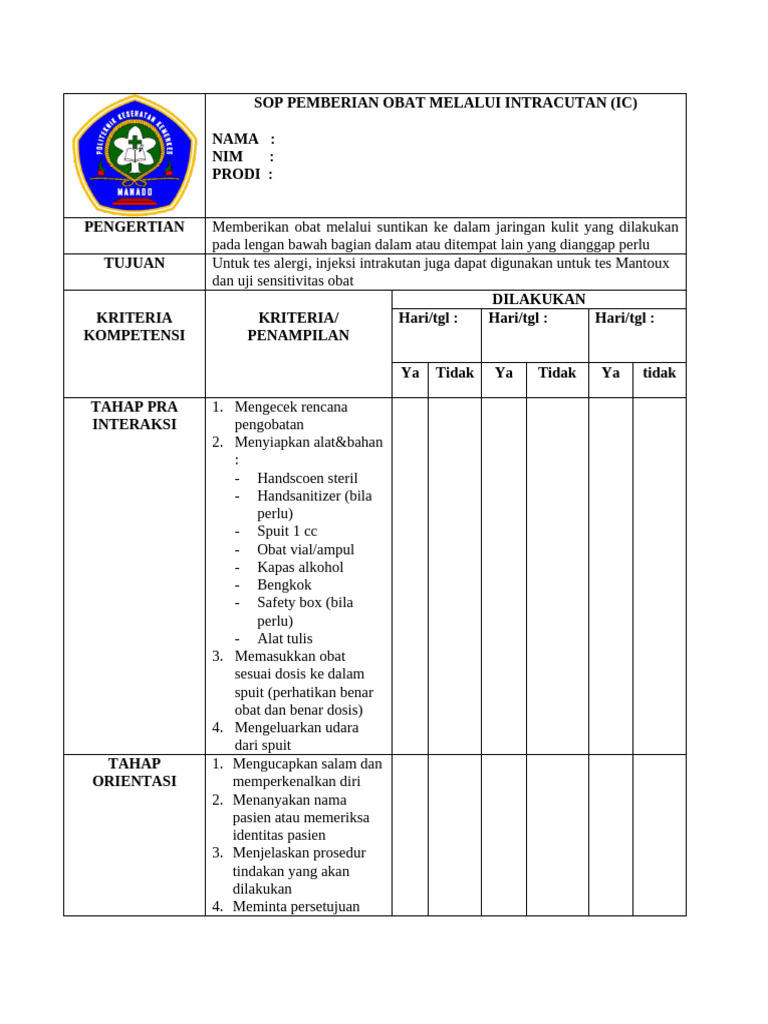 SOP Pemberian Obat Intracutan | PDF