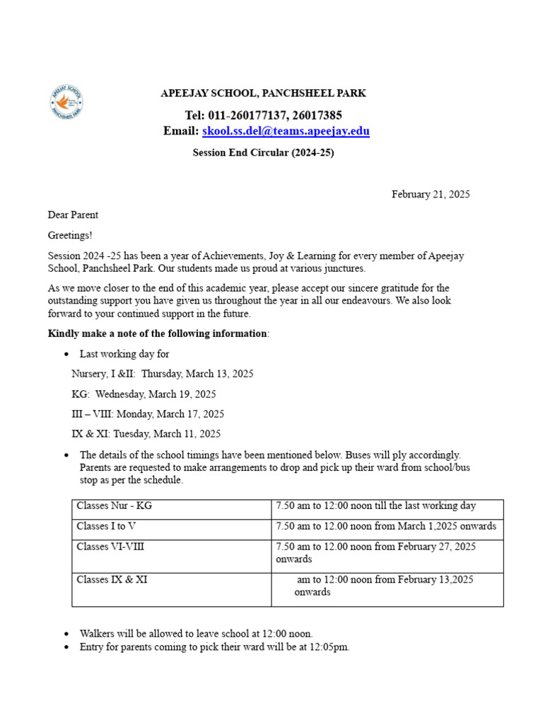 Session End Circular 2024-25 | PDF