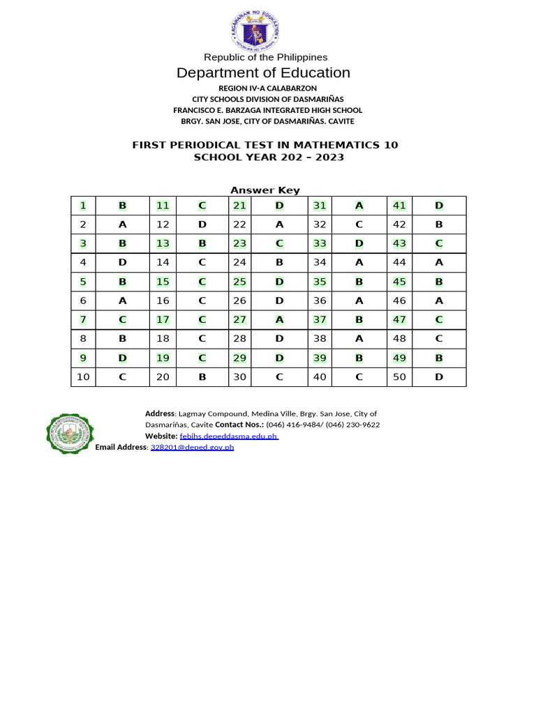 Q1 MATH 10 PT Answer Key - PDF | PDF