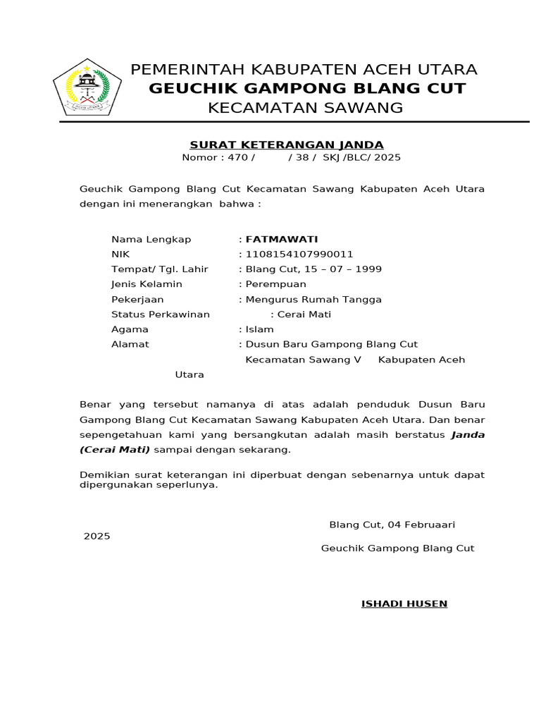 SURAT KETERANGAN JANDA | PDF