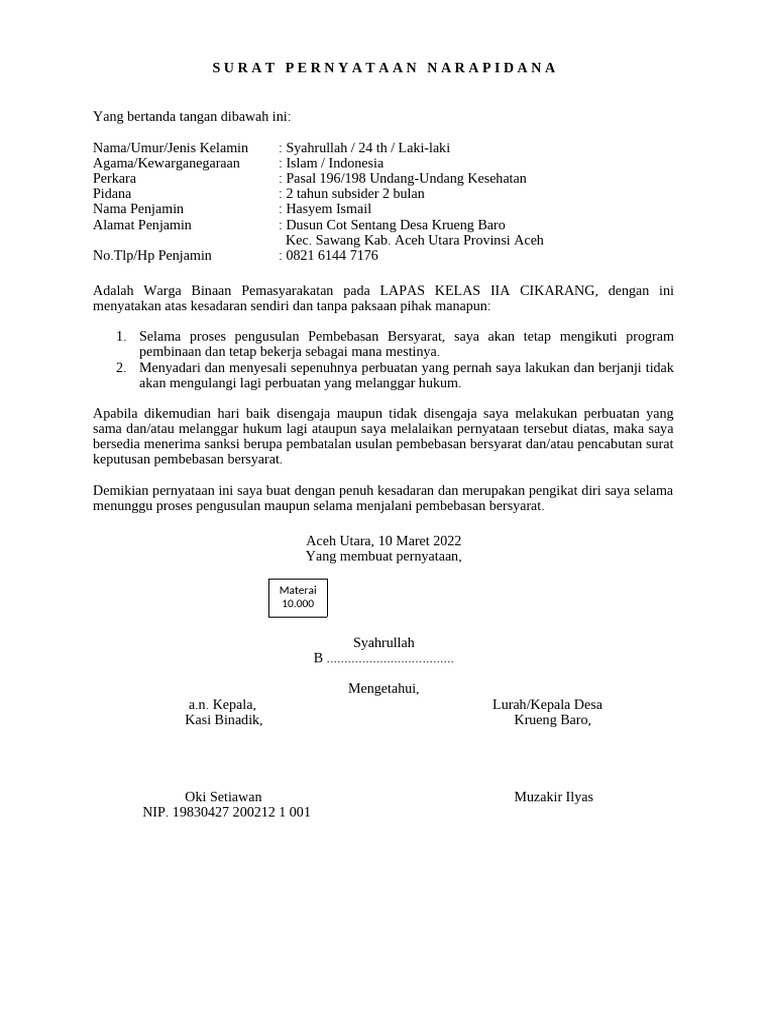 Surat Pernyataan Narapidana | PDF