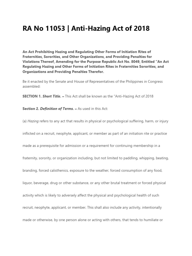 RA No 11053 Anti-Hazing Act of 2018 | PDF | Fraternities And Sororities