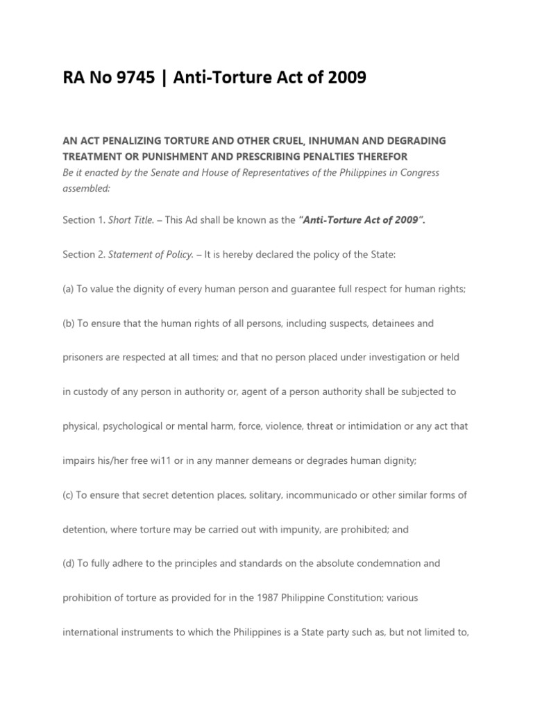 RA No 9745 Anti-Torture Act of 2009 | PDF | Solitary Confinement | Torture