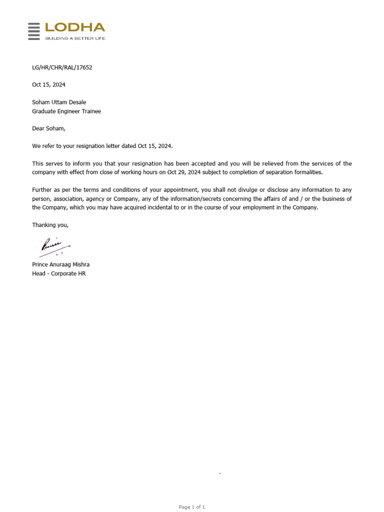 Resignation Acceptance Notification | PDF