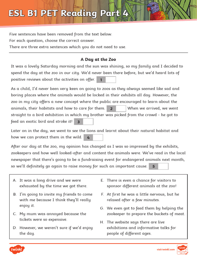 ESL B1 PET Reading Exercise | PDF | Zoo