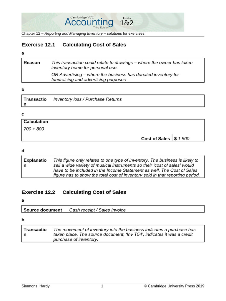 Acc Units 1&2 Ex Solutions Ch12 | PDF | Cost Of Goods Sold | Inventory