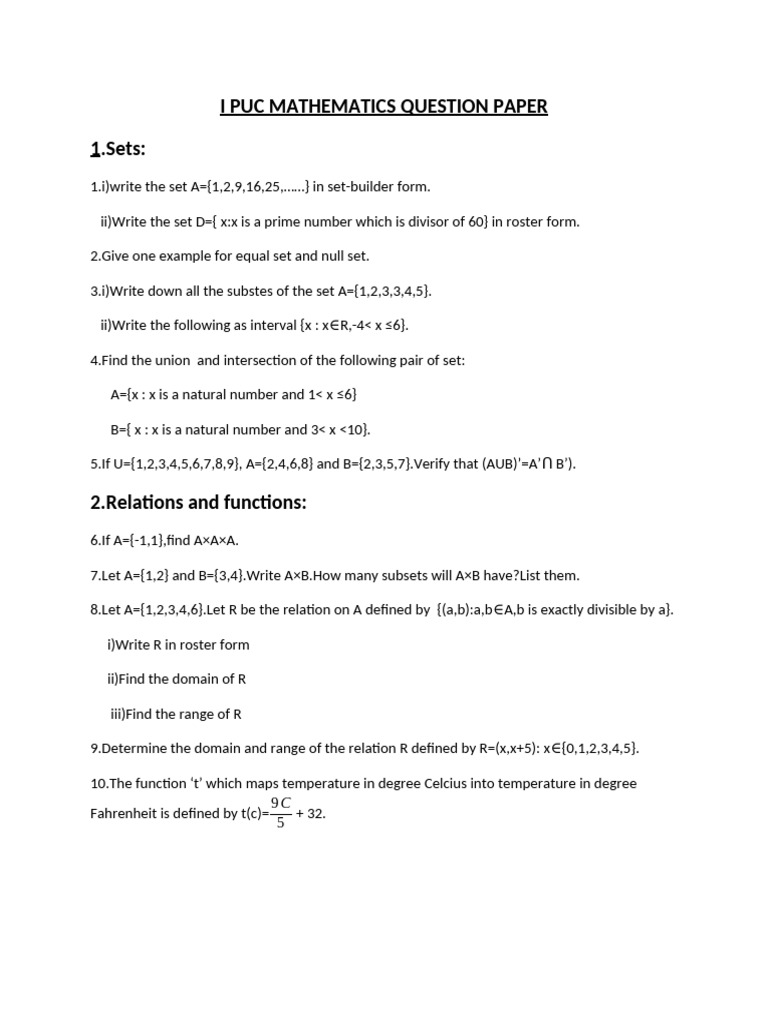 I PUC Mathematics Question Paper | PDF | Standard Deviation | Numbers