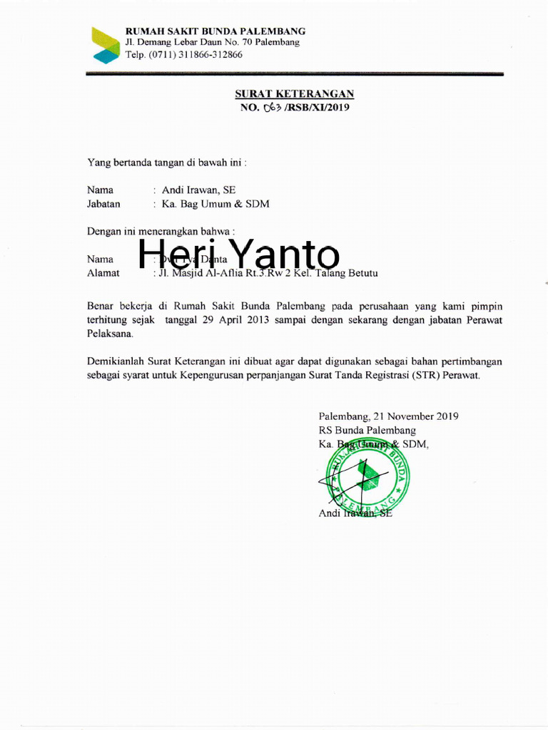 Surat Ket Kerja Dwi Tya Danta | PDF