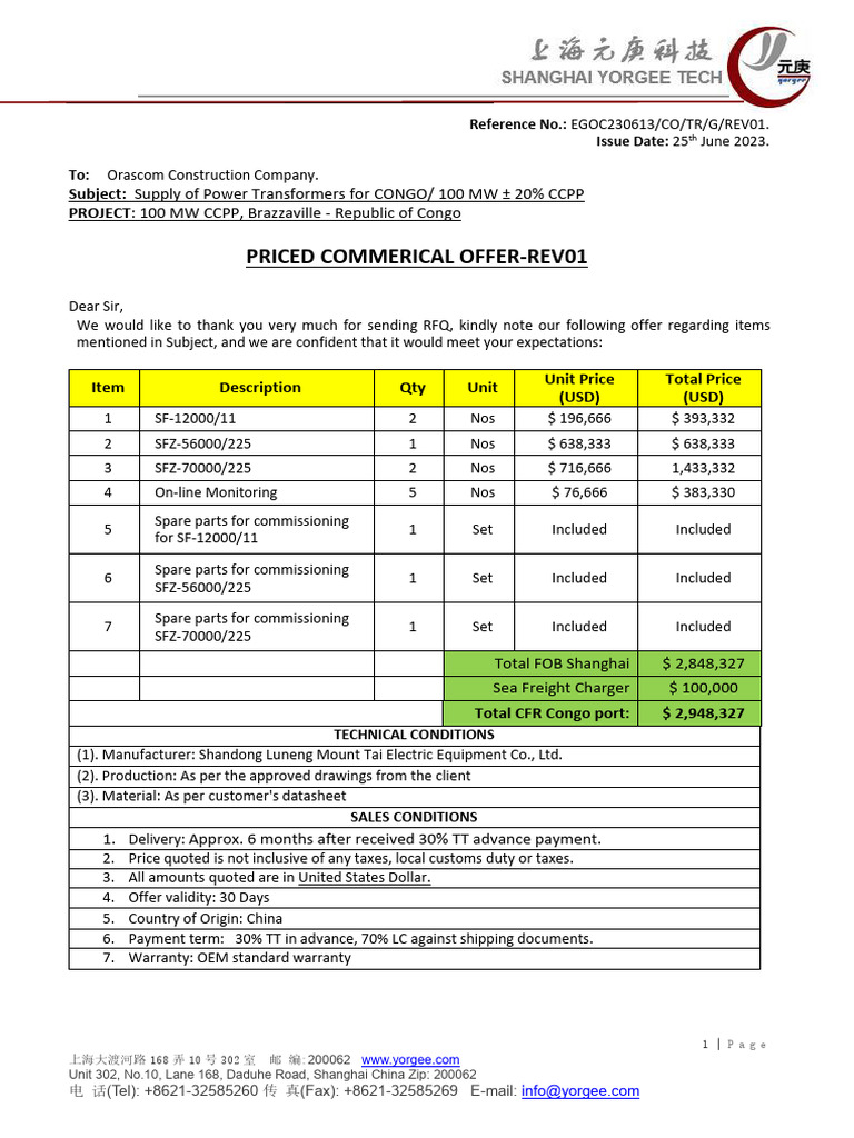 Yorgee Offer-Power Transformer (Congo CCPP) 0625-REV01 | PDF | Electric Power