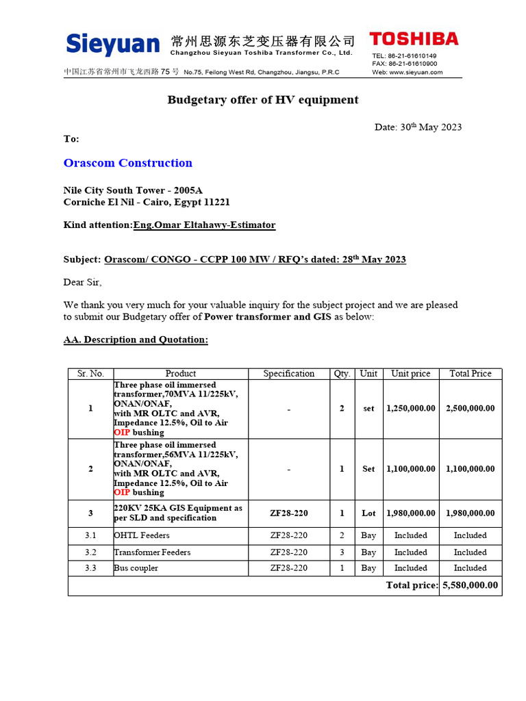 Budgetary Offer of HV Equipment-20230530 | PDF | Business | Electrical ...